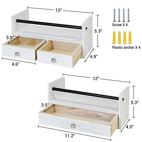 Y&ME YM Bathroom Shelf with Drawers Set of 2, Floating Nightstands for Bedroom, Wall Shelf with Drawer and Towel Rack Wall Mounted, Floating Drawer for Bathroom, Bedroom, Living Room, Kitchen (White)