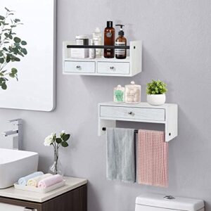 Y&ME YM Bathroom Shelf with Drawers Set of 2, Floating Nightstands for Bedroom, Wall Shelf with Drawer and Towel Rack Wall Mounted, Floating Drawer for Bathroom, Bedroom, Living Room, Kitchen (White)