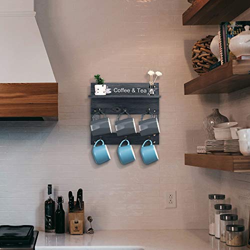 KaqiNova Detachable Coffee Mug Holder Wall Mounted,6 Hooks 18 Oz Cup Holder with Shelf,Rustic Mug Rack with Shelf Wood Cup Organizer Hanger for Home, Kitchen Display Storage and Collection