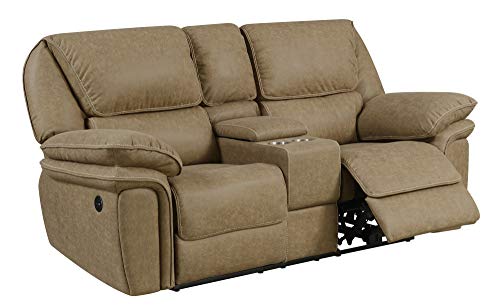 Madrona Burke Oliver Desert Sand Power Console Loveseat with Dual Recliners, Hidden Storage, and USB Charging Station