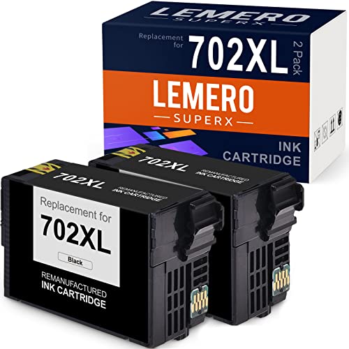 LemeroSuperx Remanufactured Ink Cartridge Replacement for Epson 702 702 XL 702XL Work for Workforce Pro WF-3720 WF-3730 WF-3733 Printer (Black, 2 Pack)