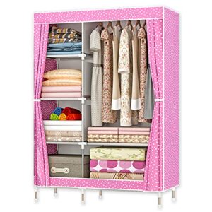 qumeney wardrobe storage closet, portable clothes standing shelves organizer, extra strong and durable non-woven fabric rack with hanging rods, quick and easy to assemble (pink dots)