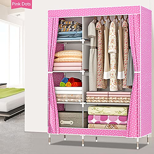 QUMENEY Wardrobe Storage Closet, Portable Clothes Standing Shelves Organizer, Extra Strong and Durable Non-Woven Fabric Rack with Hanging Rods, Quick and Easy to Assemble (Pink Dots)