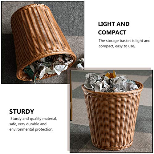 FAVOMOTO Waste Basket Waste Plastic Wastebasket Bin Rattan Trash Can Woven Hyacinth Storage Basket Rubbish Paper Bins for Living Room Bedroom Study Garbage Container Kitchen Retro Waste bin Trashcan