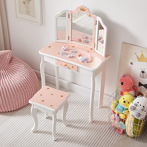 Nromant Kids Vanity Table and Chair Set, Girls Vanity Set with Mirror and Stool, Tri-Folding Mirror, Makeup Dressing Princess Table with Drawer, Kids Vanity Set with Mirror Age 4-9