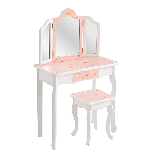 Nromant Kids Vanity Table and Chair Set, Girls Vanity Set with Mirror and Stool, Tri-Folding Mirror, Makeup Dressing Princess Table with Drawer, Kids Vanity Set with Mirror Age 4-9