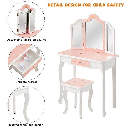 Nromant Kids Vanity Table and Chair Set, Girls Vanity Set with Mirror and Stool, Tri-Folding Mirror, Makeup Dressing Princess Table with Drawer, Kids Vanity Set with Mirror Age 4-9