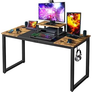 yaheetech 55" large computer desk with movable monitor stand & strong legs, modern desk with splice board, simple writing desk for work/study/home/gaming/office, rustic brown & black