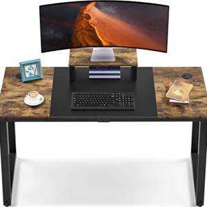 Yaheetech 55" Large Computer Desk with Movable Monitor Stand & Strong Legs, Modern Desk with Splice Board, Simple Writing Desk for Work/Study/Home/Gaming/Office, Rustic Brown & Black