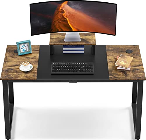 Yaheetech 55" Large Computer Desk with Movable Monitor Stand & Strong Legs, Modern Desk with Splice Board, Simple Writing Desk for Work/Study/Home/Gaming/Office, Rustic Brown & Black