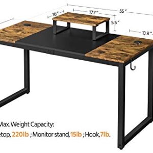 Yaheetech 55" Large Computer Desk with Movable Monitor Stand & Strong Legs, Modern Desk with Splice Board, Simple Writing Desk for Work/Study/Home/Gaming/Office, Rustic Brown & Black