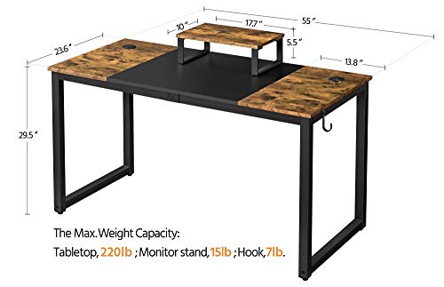 Yaheetech 55" Large Computer Desk with Movable Monitor Stand & Strong Legs, Modern Desk with Splice Board, Simple Writing Desk for Work/Study/Home/Gaming/Office, Rustic Brown & Black