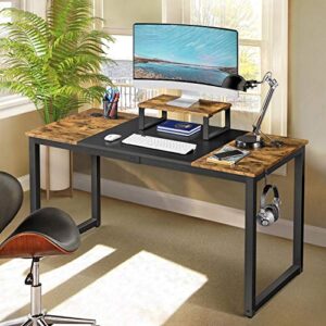 Yaheetech 55" Large Computer Desk with Movable Monitor Stand & Strong Legs, Modern Desk with Splice Board, Simple Writing Desk for Work/Study/Home/Gaming/Office, Rustic Brown & Black