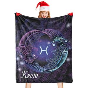 CUXWEOT Custom Blanket with Name Text Personalized Pisces Zodiac Soft Fleece Throw Blanket for Gifts (50 X 60 inches)