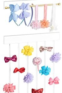 Mkono Hair Bows Holder Organizer for Girls, Headband Bow Rack with Golden Metal Bar and 10 Hooks, Set of 3 Wood Hair Clips Bow Storage Organizer for Girls Hair Accessories Organize