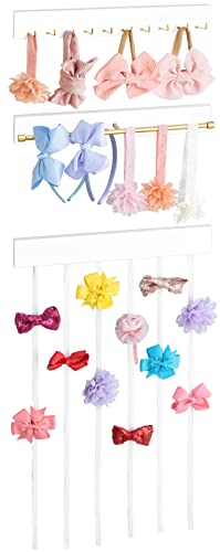 Mkono Hair Bows Holder Organizer for Girls, Headband Bow Rack with Golden Metal Bar and 10 Hooks, Set of 3 Wood Hair Clips Bow Storage Organizer for Girls Hair Accessories Organize