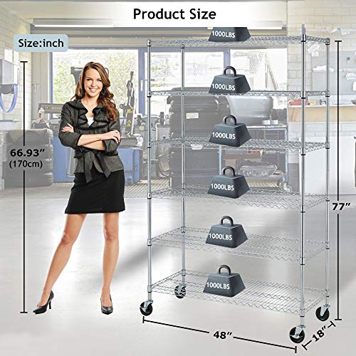 6 Tier Storage Shelves Metal Wire Shelving Unit with Wheels, 6000LBS Weight Capacity Heavy Duty NSF Height Adjustable Garage Shelving Utility Steel Commercial Grade Shelving Rack for Garage Kitchen