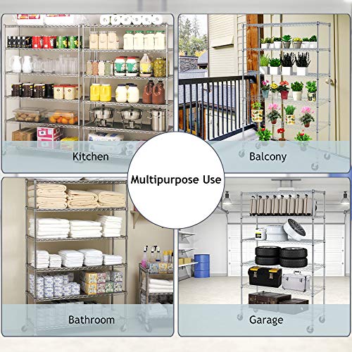 6 Tier Storage Shelves Metal Wire Shelving Unit with Wheels, 6000LBS Weight Capacity Heavy Duty NSF Height Adjustable Garage Shelving Utility Steel Commercial Grade Shelving Rack for Garage Kitchen