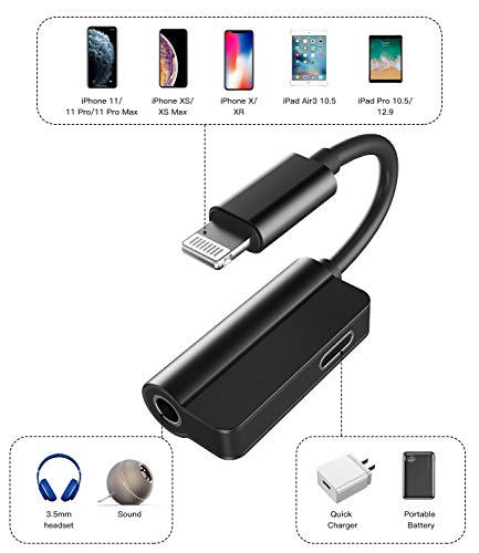 Headphone Adapter for Lightning to 3.5mm AUX Audio Jack and Charger Extender Dongle Earphone Headset Splitter Compatible with iPhone 11 12 Mini pro max xs xr x se2 7 8Plus for Ipad Air Cable Converter