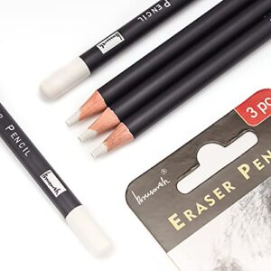 Professional Eraser Pencils Set - Brusarth 3pc Erasing Small Details or add Highlights for Sketching Pencils, Colored Pencils, Charcoal Drawings. Fine Detail Eraser for Beginners & Artists