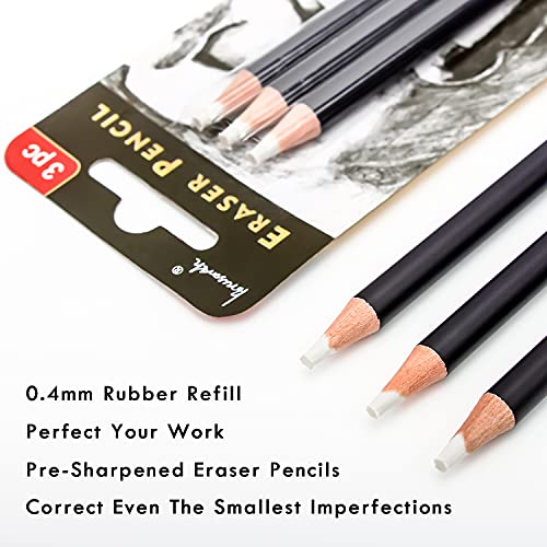 Professional Eraser Pencils Set - Brusarth 3pc Erasing Small Details or add Highlights for Sketching Pencils, Colored Pencils, Charcoal Drawings. Fine Detail Eraser for Beginners & Artists