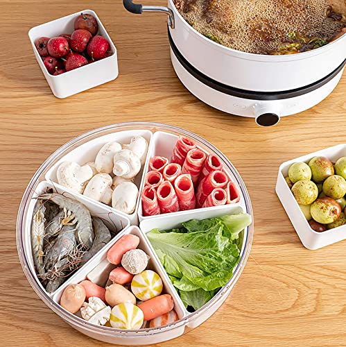 WUWEOT Nut and Candy Serving Tray, Round Plastic Platters Food Storage Container, Appetizer Tray with 5 Individual Dishes for Nuts, Dried Fruit, Snacks, Candies, Veggies (10.6" x 3.5")