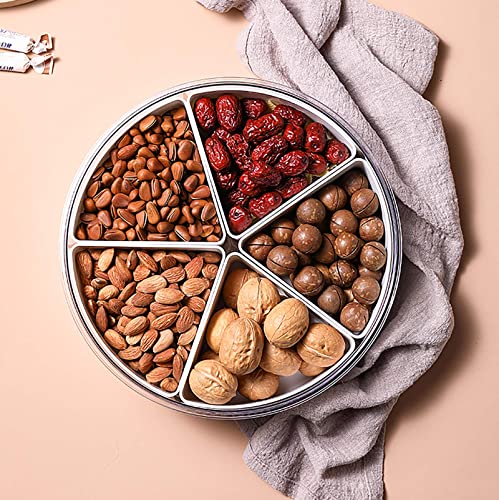 WUWEOT Nut and Candy Serving Tray, Round Plastic Platters Food Storage Container, Appetizer Tray with 5 Individual Dishes for Nuts, Dried Fruit, Snacks, Candies, Veggies (10.6" x 3.5")