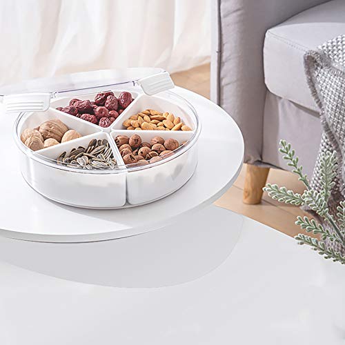 WUWEOT Nut and Candy Serving Tray, Round Plastic Platters Food Storage Container, Appetizer Tray with 5 Individual Dishes for Nuts, Dried Fruit, Snacks, Candies, Veggies (10.6" x 3.5")