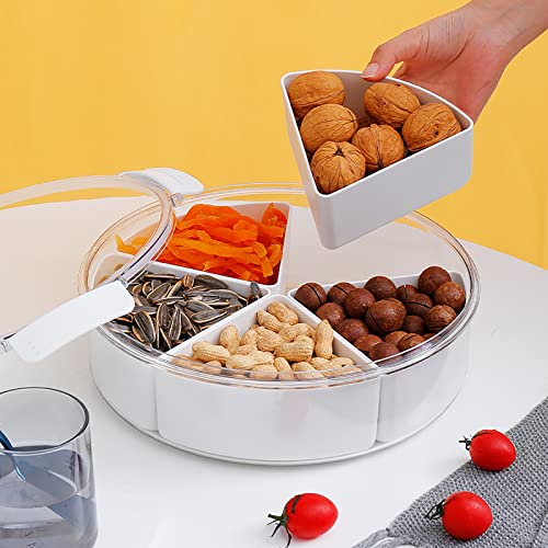 WUWEOT Nut and Candy Serving Tray, Round Plastic Platters Food Storage Container, Appetizer Tray with 5 Individual Dishes for Nuts, Dried Fruit, Snacks, Candies, Veggies (10.6" x 3.5")