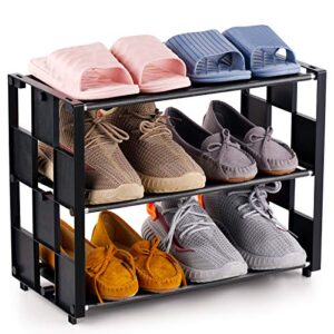 nihome 3-tier shoe rack multifunctional organizer, stackable adjustable lightweight metal space saving, free standing for closet hallway entryway living room bedroom (black)