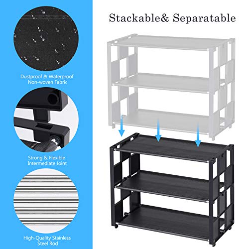 NiHome 3-Tier Shoe Rack Multifunctional Organizer, Stackable Adjustable Lightweight Metal Space Saving, Free Standing for Closet Hallway Entryway Living Room Bedroom (Black)