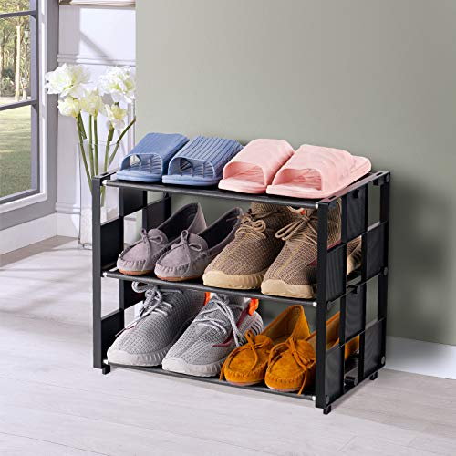 NiHome 3-Tier Shoe Rack Multifunctional Organizer, Stackable Adjustable Lightweight Metal Space Saving, Free Standing for Closet Hallway Entryway Living Room Bedroom (Black)