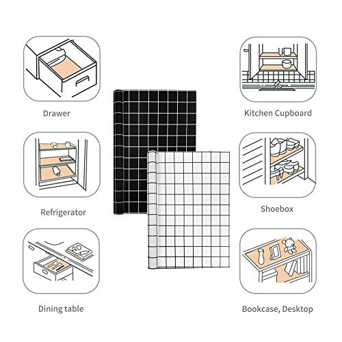 Shelf Liner Non-Adhesive EVA Cabinet-Drawer-Liners - 2 Roll Waterproof Kitchen Fridge Pad and Refrigerator Mat, Non-Slip Can be Cut Placemats, Size 17"×78.7"（Black&White）