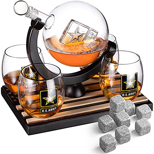 Army Globe Whiskey Decanter Set & 4 Liquor Glasses - US Army Whisky Decanter & Glass Set with Wood Base and 9 Whiskey Stones - Army Gifts for Men - Bourbon and Scotch Decanter – Military Veteran Gifts