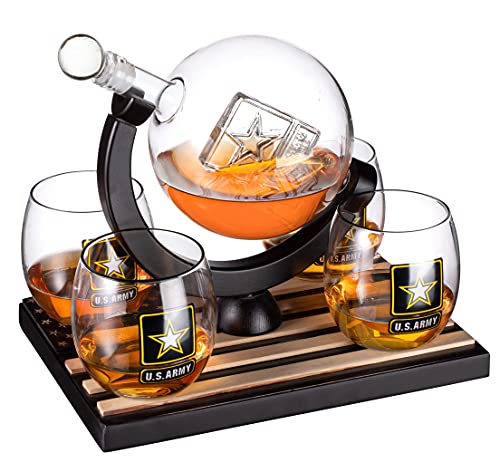 Army Globe Whiskey Decanter Set & 4 Liquor Glasses - US Army Whisky Decanter & Glass Set with Wood Base and 9 Whiskey Stones - Army Gifts for Men - Bourbon and Scotch Decanter – Military Veteran Gifts