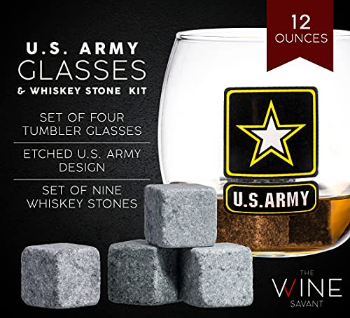 Army Globe Whiskey Decanter Set & 4 Liquor Glasses - US Army Whisky Decanter & Glass Set with Wood Base and 9 Whiskey Stones - Army Gifts for Men - Bourbon and Scotch Decanter – Military Veteran Gifts