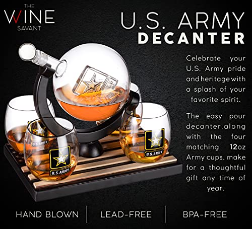 Army Globe Whiskey Decanter Set & 4 Liquor Glasses - US Army Whisky Decanter & Glass Set with Wood Base and 9 Whiskey Stones - Army Gifts for Men - Bourbon and Scotch Decanter – Military Veteran Gifts