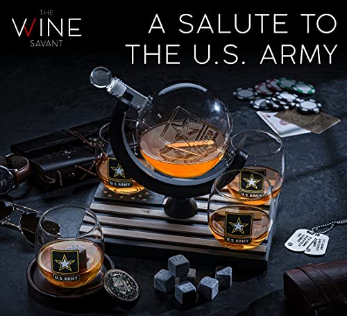 Army Globe Whiskey Decanter Set & 4 Liquor Glasses - US Army Whisky Decanter & Glass Set with Wood Base and 9 Whiskey Stones - Army Gifts for Men - Bourbon and Scotch Decanter – Military Veteran Gifts