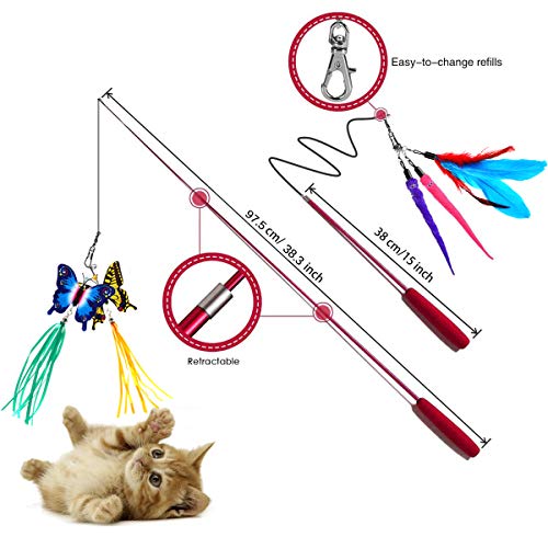 OODOSI Cat Wand Toy, Interactive Cat Toys with 2 Poles & 9 Attachments Worm Feathers, Cat Feather Toy for Kitten Cat for Indoor Cats