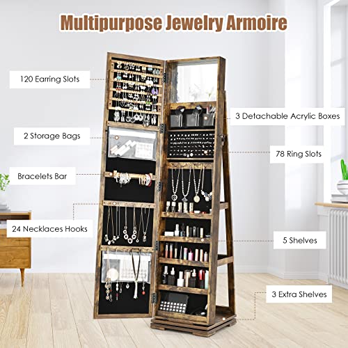 CHARMAID 360° Rotating Jewelry Armoire with Higher Full Length Mirror, Standing Lockable Jewelry Cabinet Organizer, Large Storage Capacity, Inside Makeup Mirror, Rear Storage Shelves (Rustic Brown)