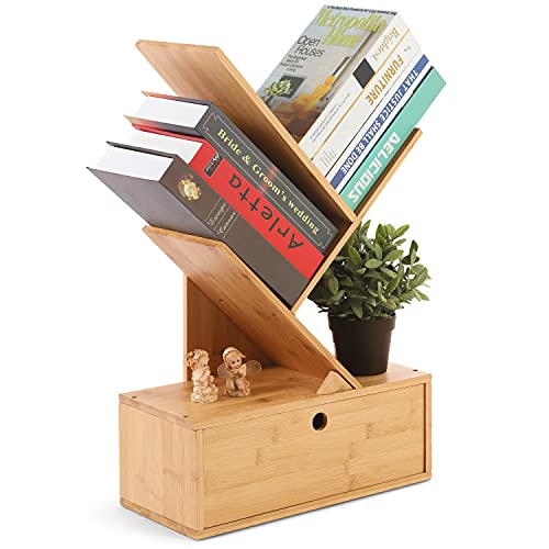 HYNAWIN Bamboo Tree Bookshelf with Drawers, Countertop Organizer, 3-Tier Desktop Display Bookcase in Living Room/Home/Office, Free Standing Storage Rack for Books/Magazines/CDs/Files/Photo Albums