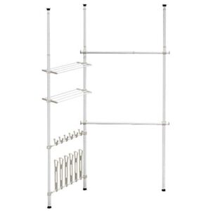 dortala adjustable clothes hanger, floor to ceiling tension rod w/ storage shelf & shoe hooks, garment hanger rod w/ inner spring, telescopic clothes rack system for living room, bedroom