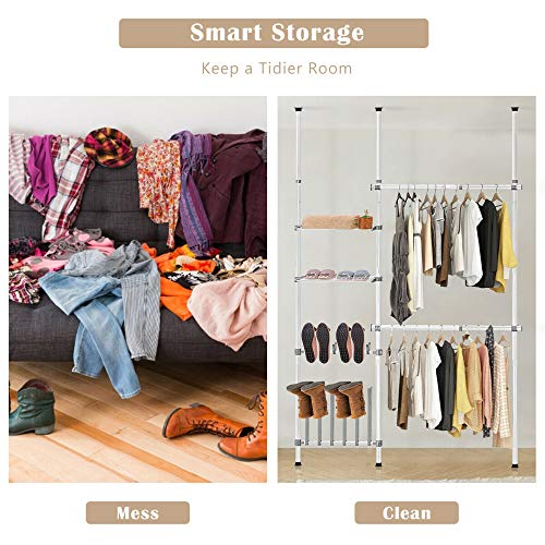 DORTALA Adjustable Clothes Hanger, Floor to Ceiling Tension Rod w/ Storage Shelf & Shoe Hooks, Garment Hanger Rod w/ Inner Spring, Telescopic Clothes Rack System for Living Room, Bedroom