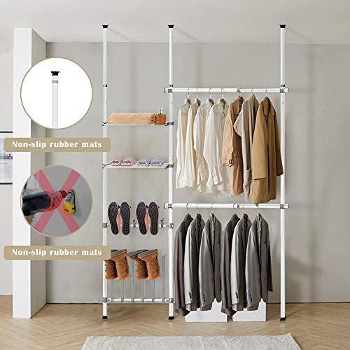 DORTALA Adjustable Clothes Hanger, Floor to Ceiling Tension Rod w/ Storage Shelf & Shoe Hooks, Garment Hanger Rod w/ Inner Spring, Telescopic Clothes Rack System for Living Room, Bedroom