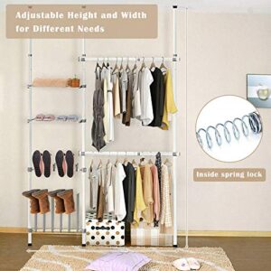 DORTALA Adjustable Clothes Hanger, Floor to Ceiling Tension Rod w/ Storage Shelf & Shoe Hooks, Garment Hanger Rod w/ Inner Spring, Telescopic Clothes Rack System for Living Room, Bedroom