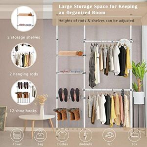 DORTALA Adjustable Clothes Hanger, Floor to Ceiling Tension Rod w/ Storage Shelf & Shoe Hooks, Garment Hanger Rod w/ Inner Spring, Telescopic Clothes Rack System for Living Room, Bedroom