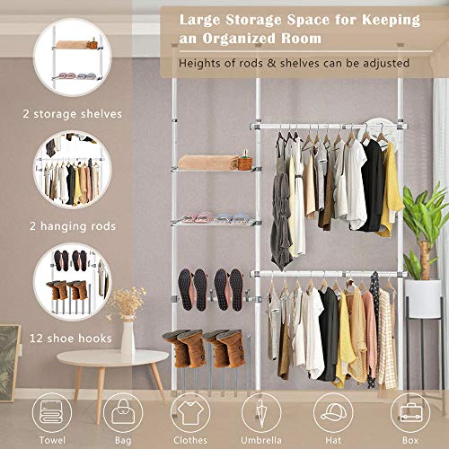 DORTALA Adjustable Clothes Hanger, Floor to Ceiling Tension Rod w/ Storage Shelf & Shoe Hooks, Garment Hanger Rod w/ Inner Spring, Telescopic Clothes Rack System for Living Room, Bedroom