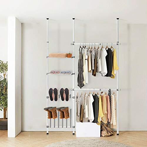 DORTALA Adjustable Clothes Hanger, Floor to Ceiling Tension Rod w/ Storage Shelf & Shoe Hooks, Garment Hanger Rod w/ Inner Spring, Telescopic Clothes Rack System for Living Room, Bedroom