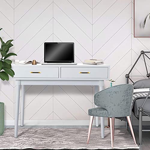 FUNKOCO Writing Computer Desk with 2 Storage Drawers for Home Office,Modern Laptop PC Table Workstation, Vanity Table (Cream White)