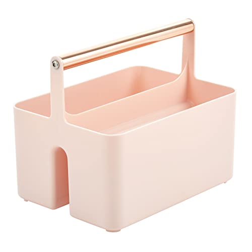 mDesign Plastic Shower Caddy Storage Organizer Utility Tote, Divided Basket Bin - Metal Handle for Bathroom, Dorm, Kitchen, Holds Soap, Shampoo, Conditioner - Aura Collection - Light Pink/Rose Gold